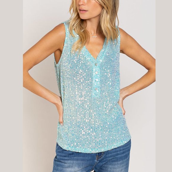 POL | Tops | Pol Aqua Blue Sequin V Neck Tank Top Shell Tee Shirt Sl ...